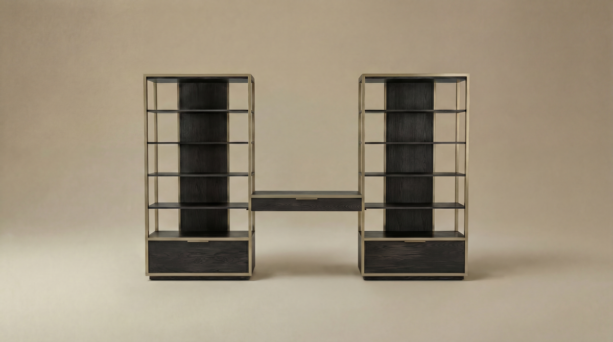Zenith Dual Bookcases w/ File Cabinets + Bridge Deck — Musecraft